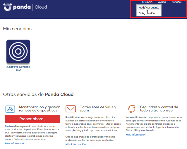 Acceso a cuenta panda desde panda cloud